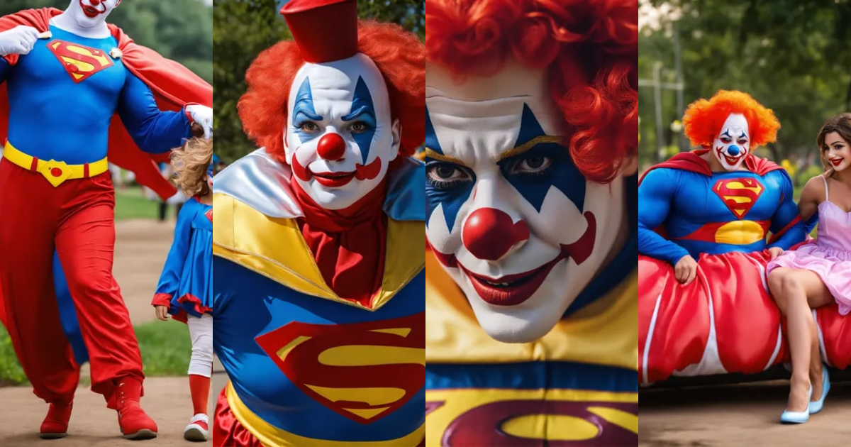 Lexica - Park super realistic clown hovering in superman costume keep ...
