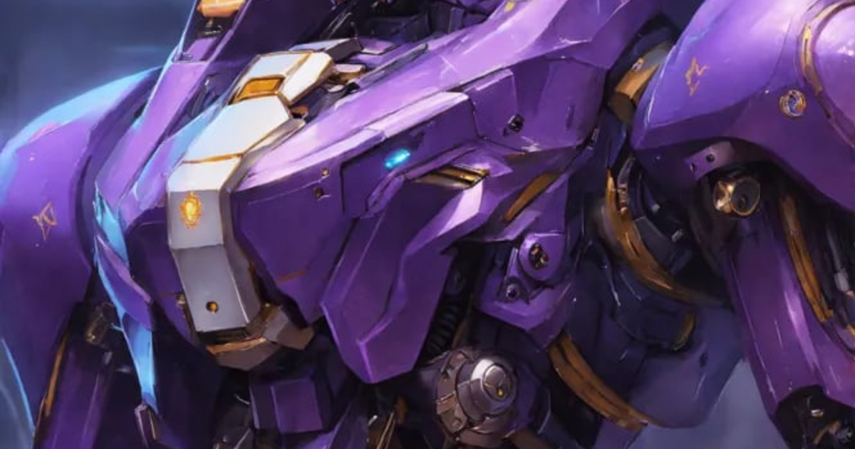 Lexica - Anime art of a royal purple purely mechanical gear large mecha ...