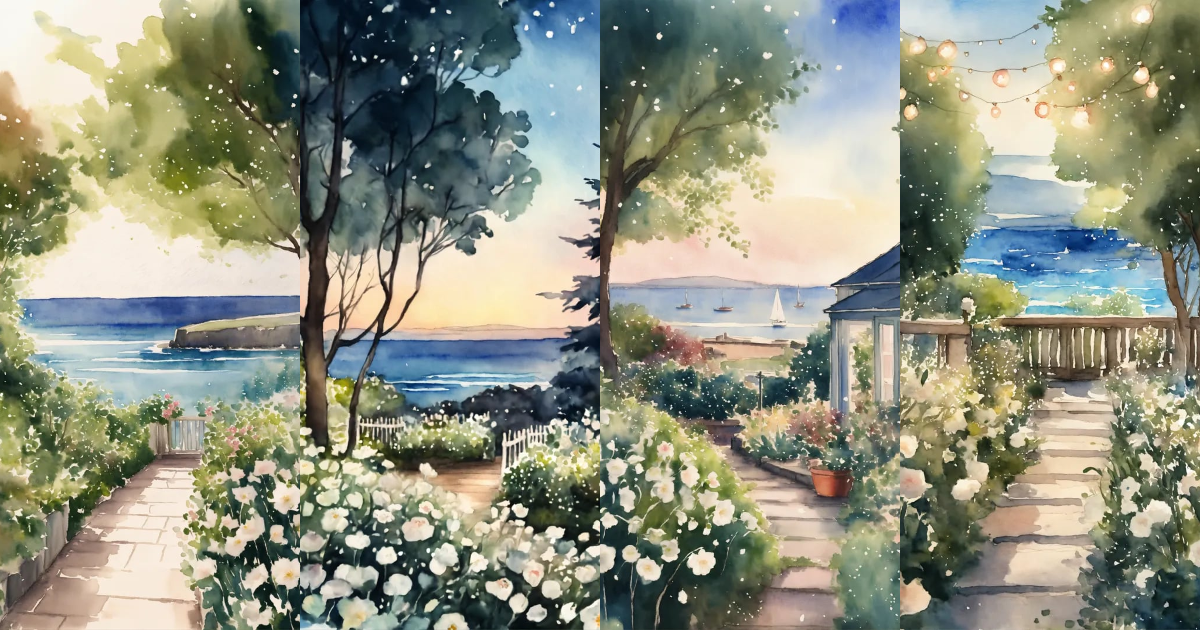 Lexica - Watercolour, distant back perspective, garden, white flowers ...