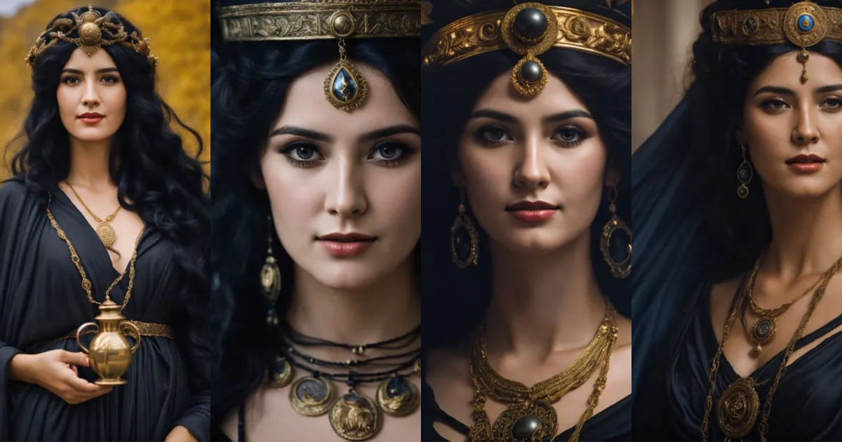 Lexica - Happy looking Greek goddess Hecate, black hair, flowing black ...