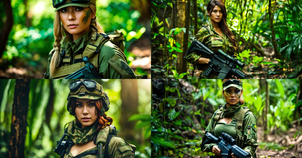 Lexica - Female commandos cosplay in jungle, perfect face, full ...