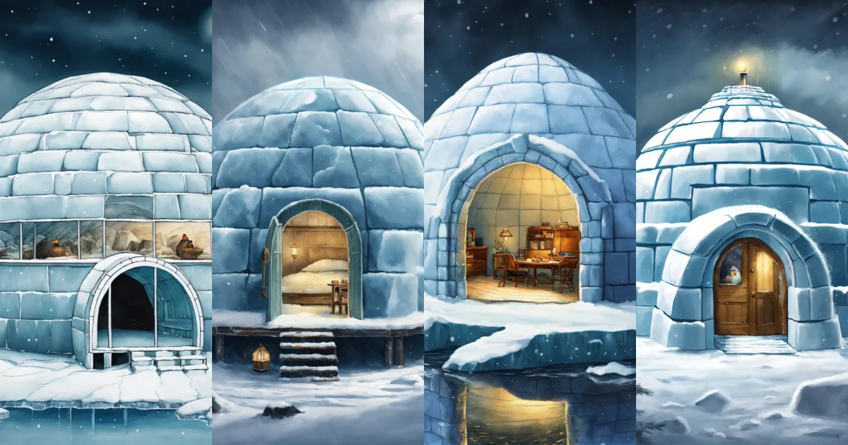 Lexica - A detailed illustration of a igloo on a floating iceberg in a ...