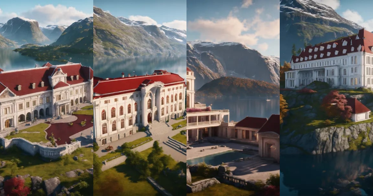 Lexica - Full image of a massive white palace with a Maroon roof overlooking a Fjord, Norwegian ...