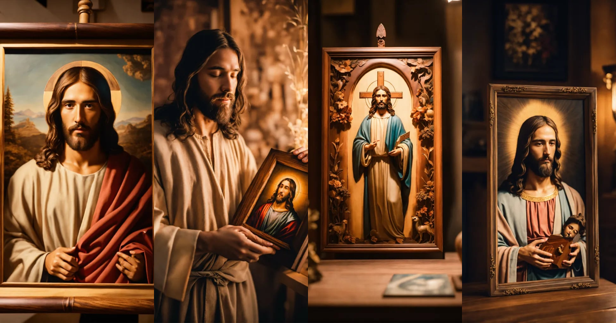 Lexica - Jesus holding a beautiful wooden painting, surreal photo ...