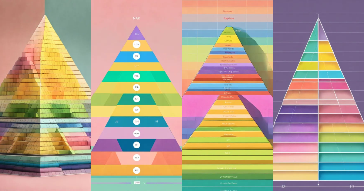 Lexica - Graph pyramid, split in 5 rows, each row with a rainbow pastel ...