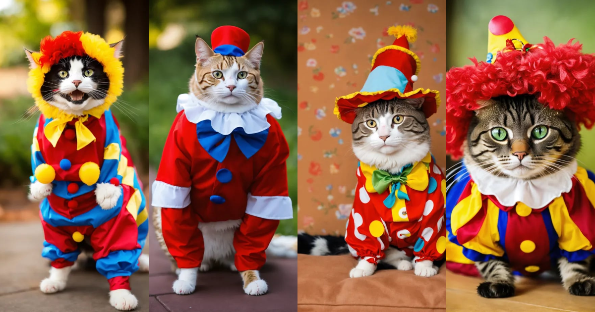 Lexica - Cats dressed as clowns cosplay, wacky, funny.
