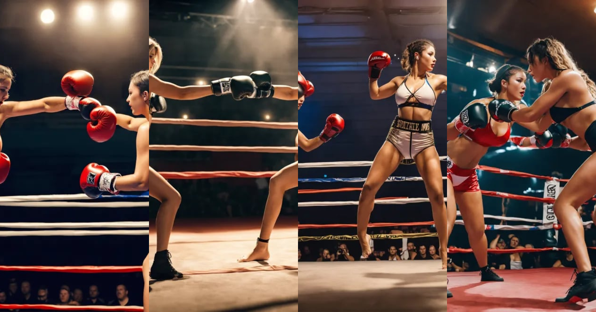 Lexica - Two females, in monokini, 38D cup, fighting in boxing ring