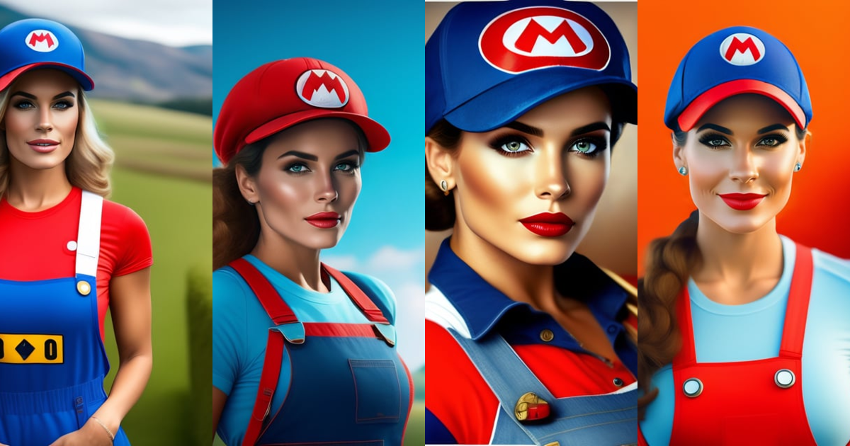 Lexica - A female version of Super Mario, wearing blue dungarees shorts ...
