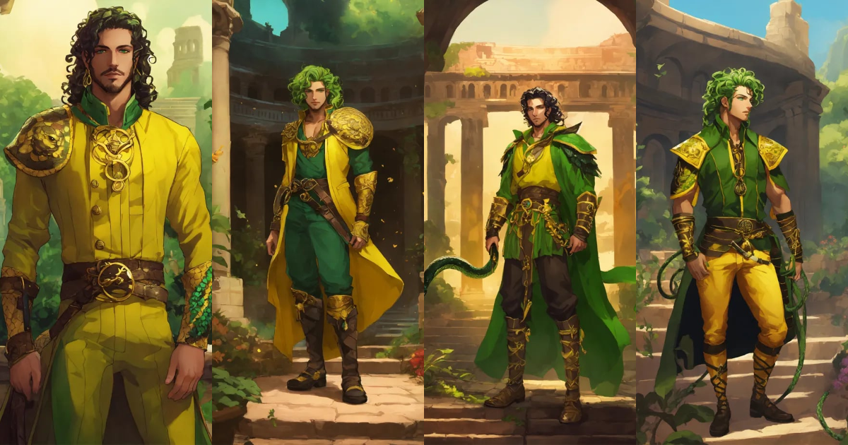 Lexica - A male medusa, metis skin, green eyes, yellow antic outfit ...