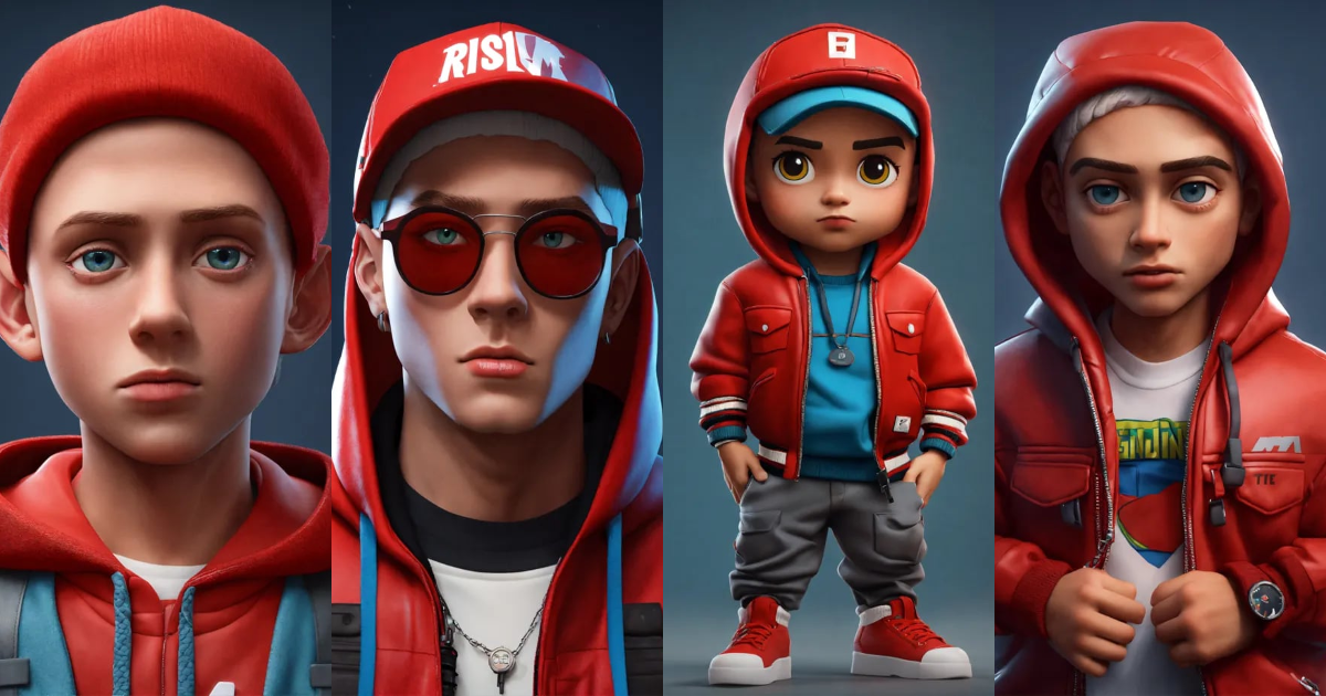 Lexica - Cartoon realistic Eminem rapper in red jacket, disney style ...