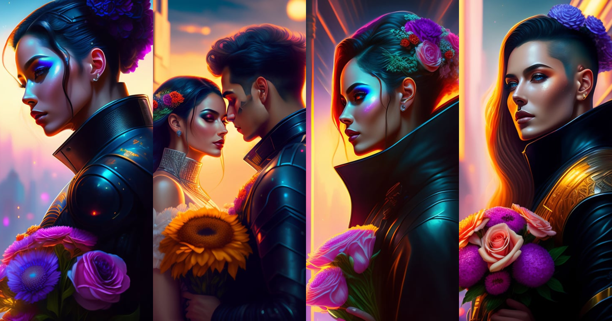 Lexica - An android man gives a bouquet of flowers to a beautiful human ...