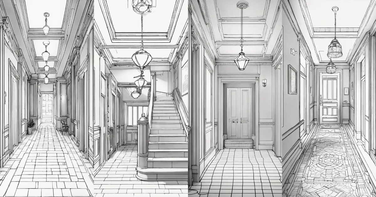 Lexica - Coloring book page, isometric short hallway, 3d art, black and ...
