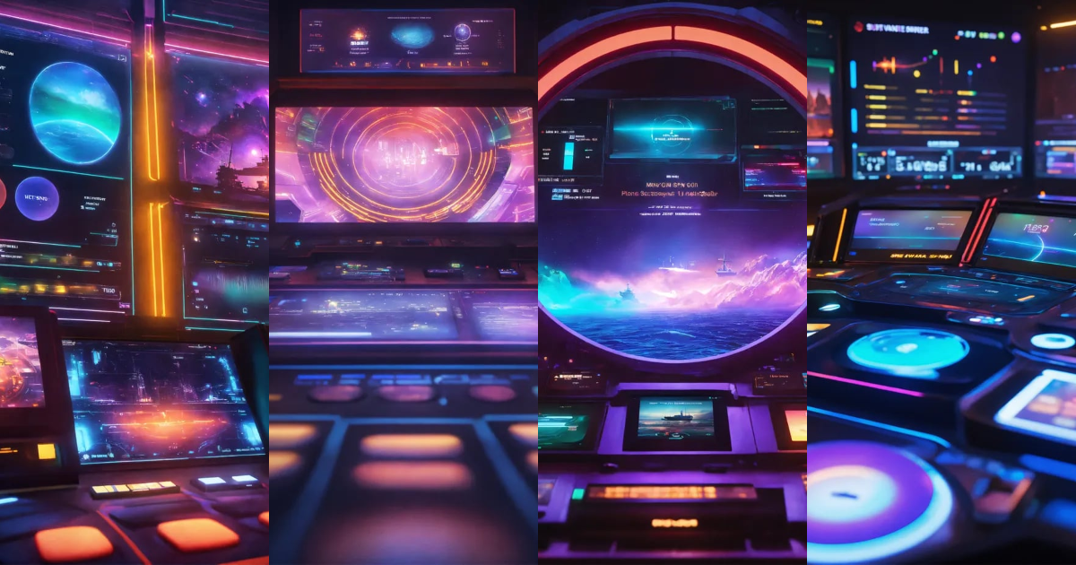 Lexica - Close up of 1 big screen in the center of a bunch of big ...