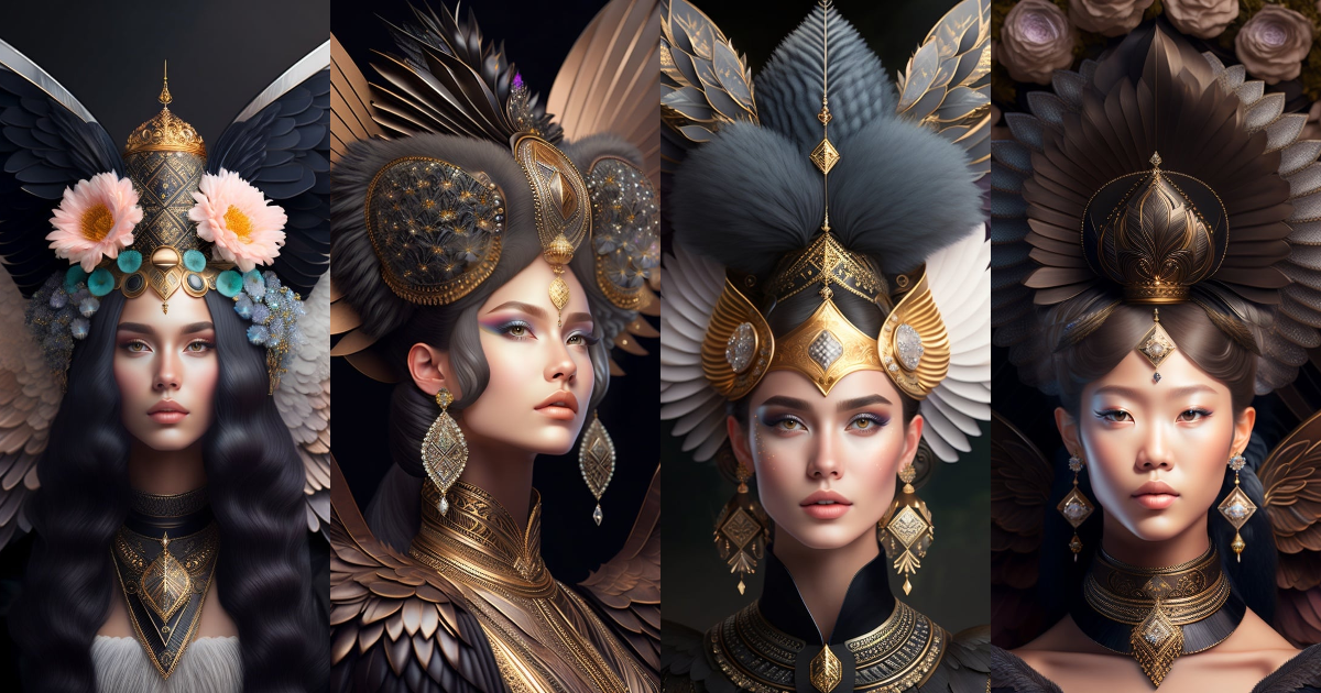 Lexica - Mythical dreamy seraphim portrait, adorned with black diamond ...