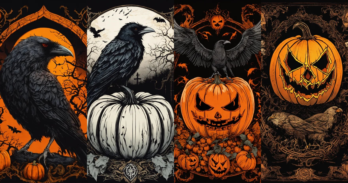 Lexica - Gothic style, satanic symbols, angry curved pumpkin, crow ...