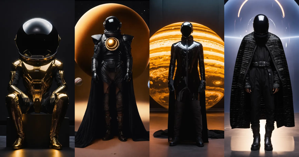 Lexica - Full body view of 2023 vantablack annual FASHION , eternal space, planets, saturn ...