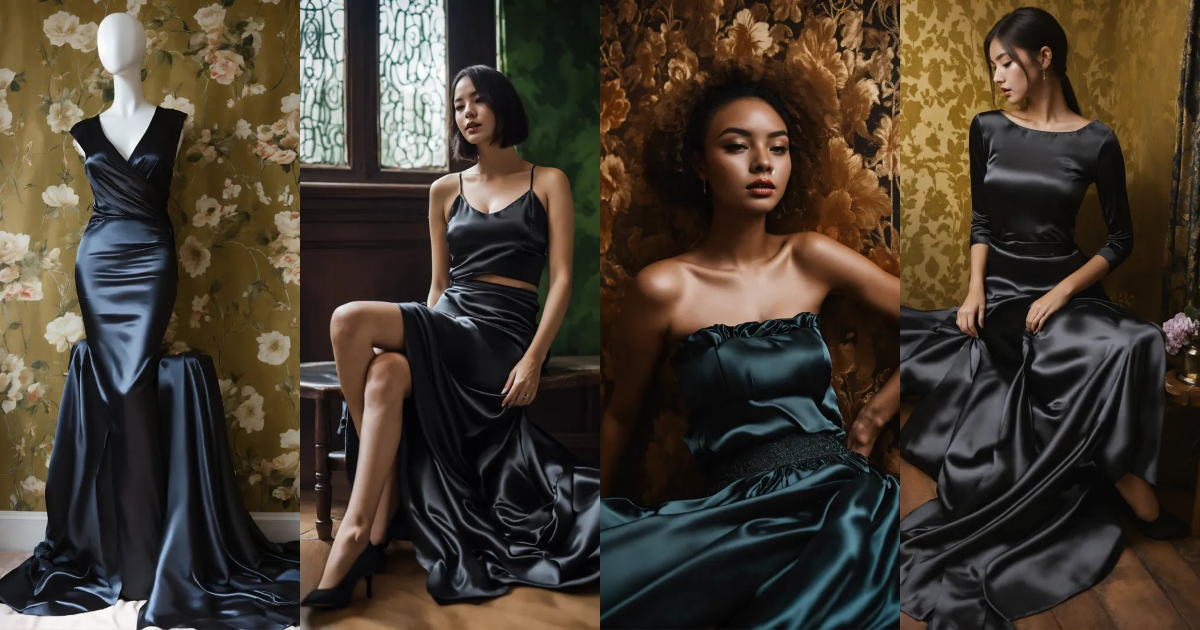 Lexica - Long black clingy figure hugging satin skirt sitting down. In ...