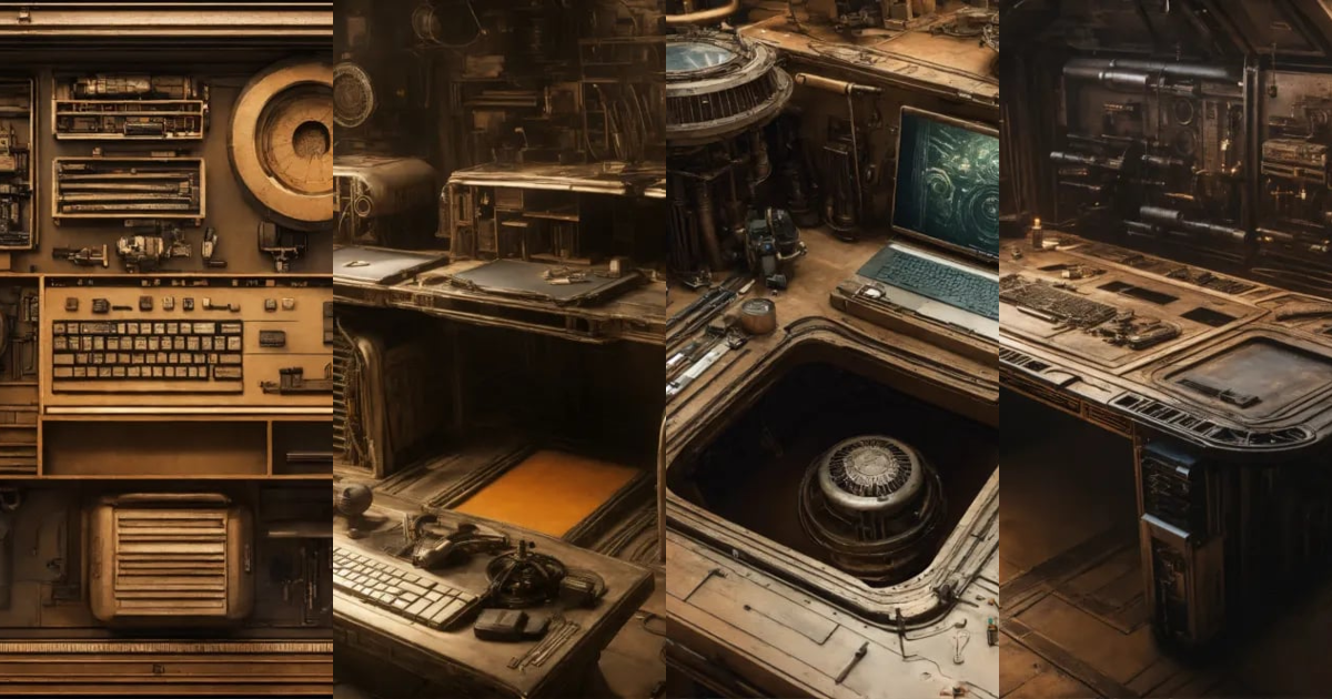 Lexica - TOP-VIEW of a worktable station desk, in H.R Giger style, 8k ...