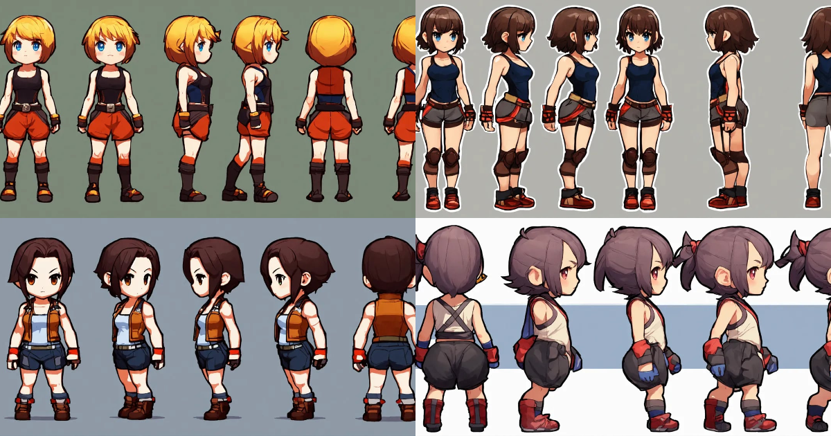 Lexica - Game assets, sprite sheet, girl, short hair, tank top, shorts ...