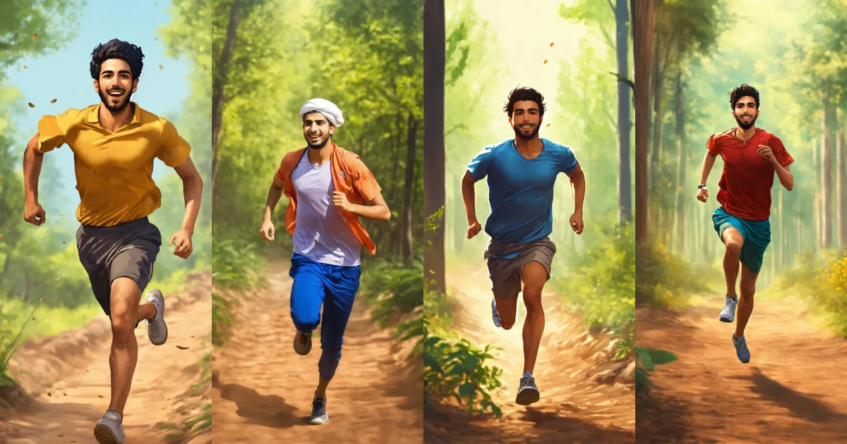 Lexica - A young Arab man running in a dirt path in the forest, feeling ...