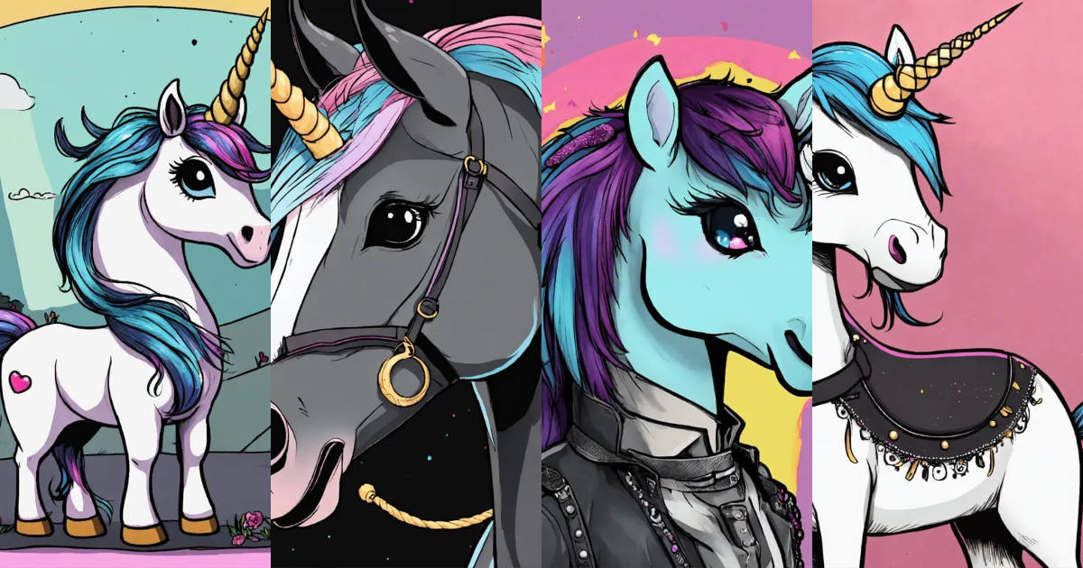 Lexica - Cartoon emo unicorn with black heir