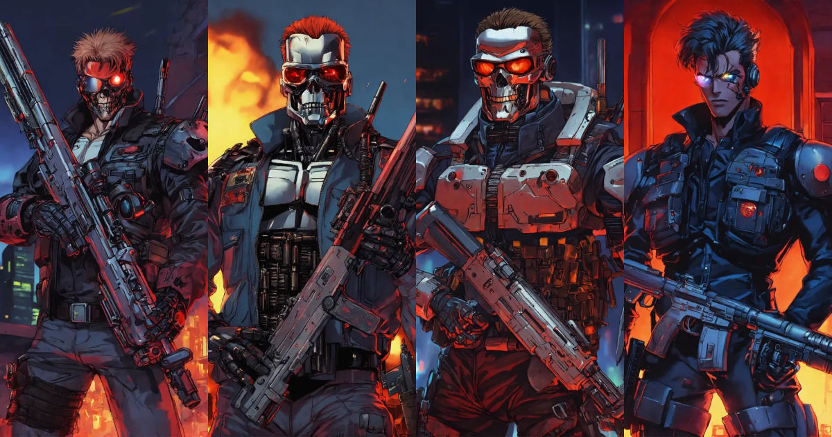 Lexica - 80's anime evil terminator cyborg holding 2 shotguns, evil, gothic