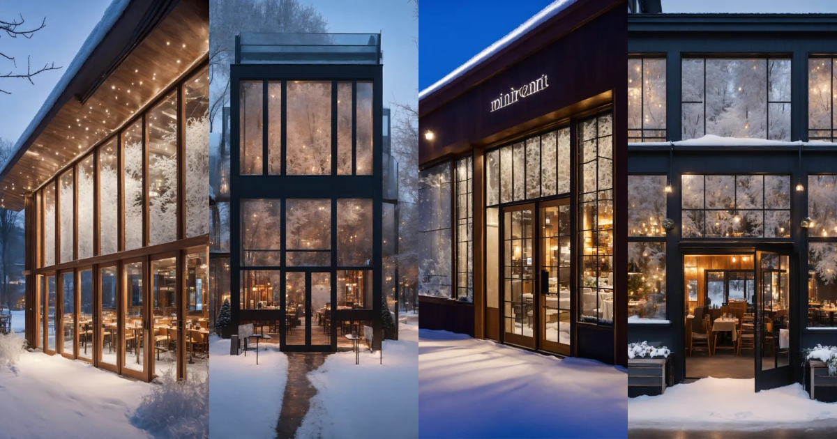 Lexica - Front view of a restaurant exterior entrance in winter, blend ...