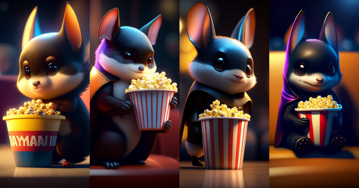 Lexica - Cute small humanoid bat sitting in a movie theater eating ...