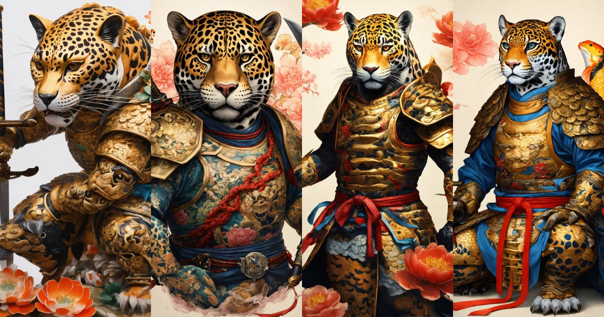 Lexica - There is a jaguar with a big carp koi and a sword on a white ...