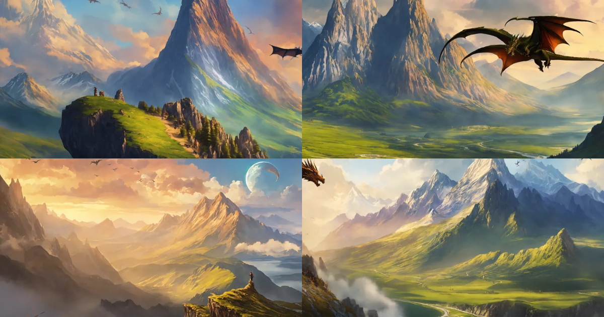 Lexica - Epic high fantasy poster dragons, mountains