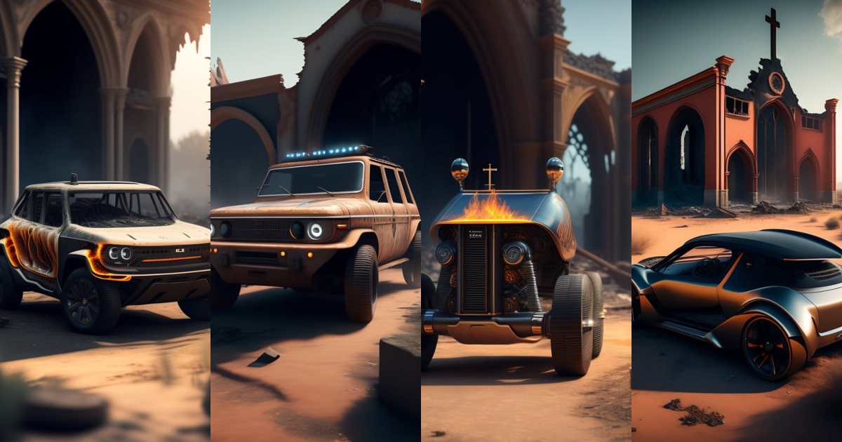 Lexica - Robotic vehicle, parked in a burned down church. hyper ...