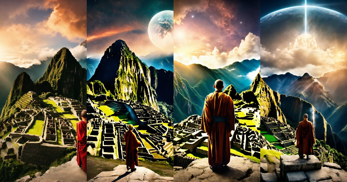 Lexica - Machu Picchu, alien spaceship above the sky, earth as a post ...