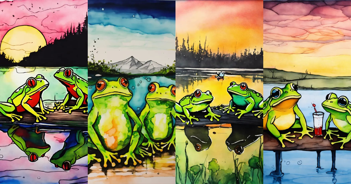 Lexica - Two frogs on lake drinking coke, alcohol ink, alcohol marker ...