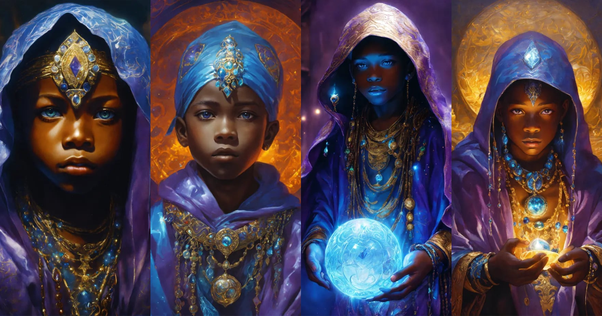 Lexica - Glowing blue-skinned African little boy, performing an ...