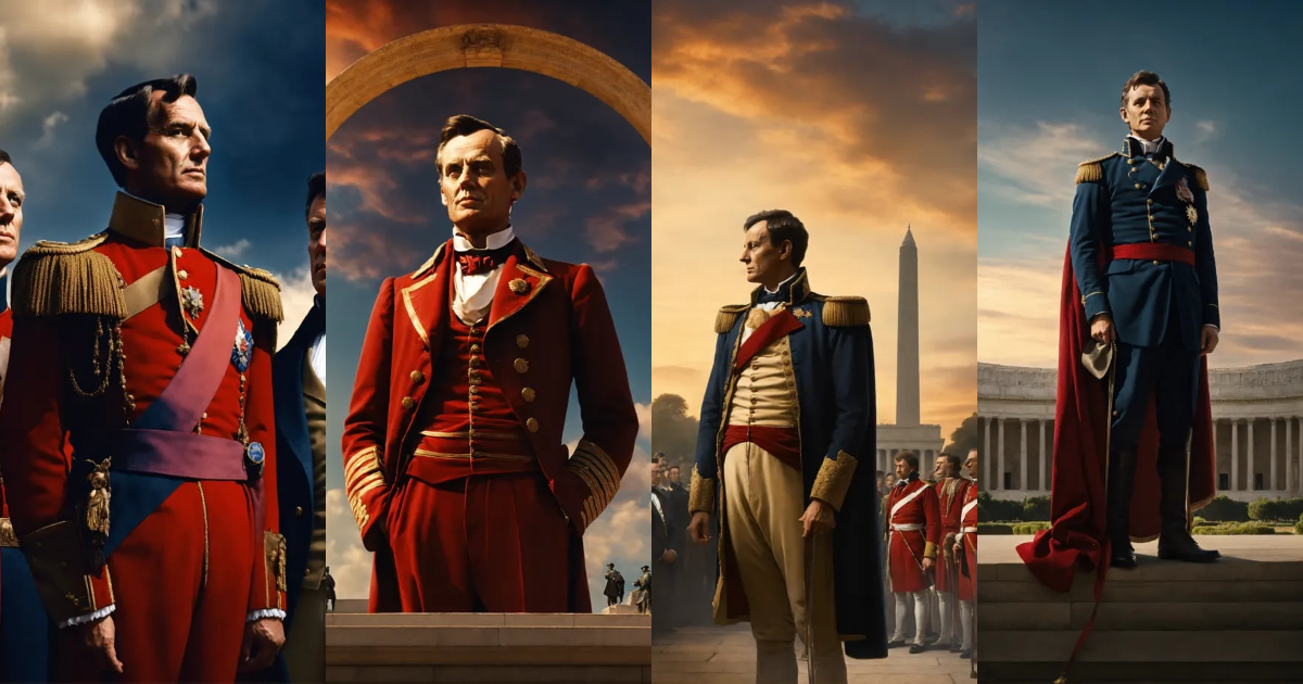 Lexica - Julius Caesar, Napoleon, Lincoln, John F. Kennedy stand up looking yo the sky, suited ...