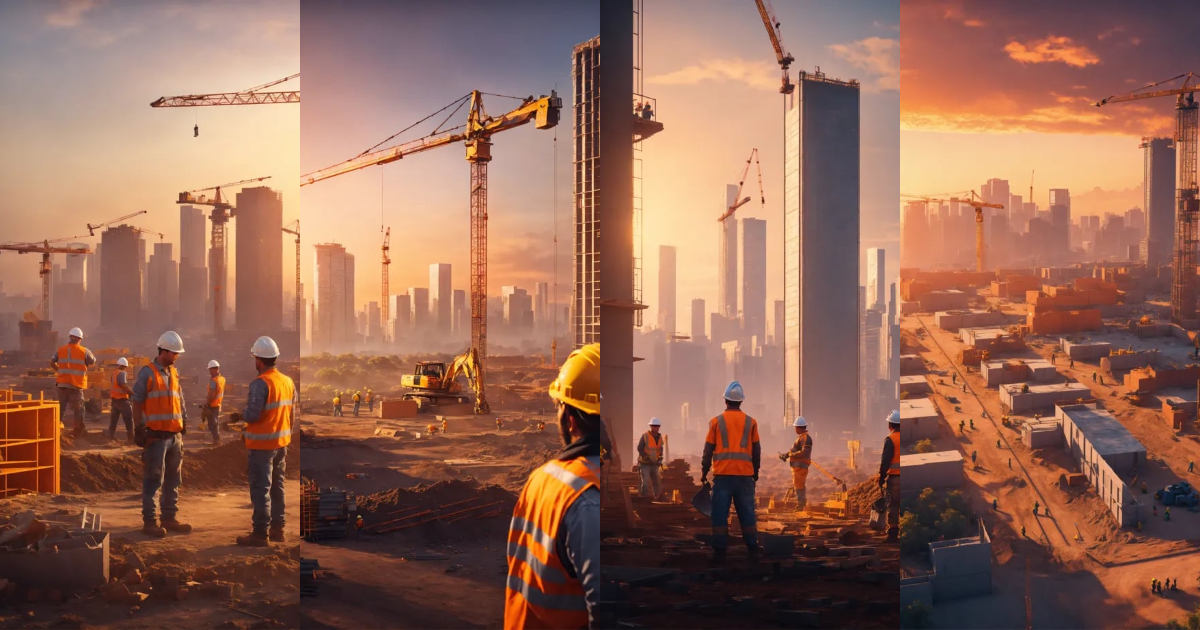 Lexica - Construction workers building a new city, orange skyline in ...