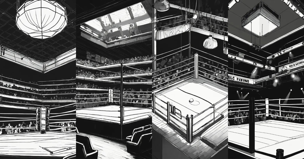 Lexica - A black and white illustration of inside boxing corner