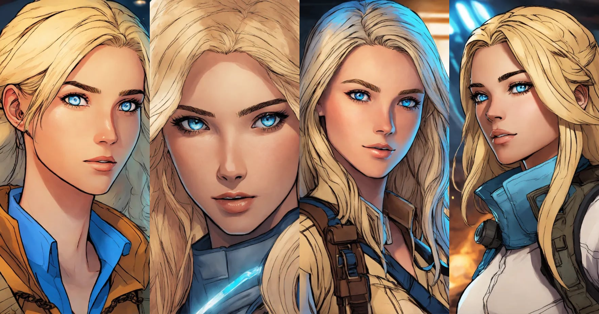 Lexica - A brunette blonde girl with blue eyes . Ark survival comic