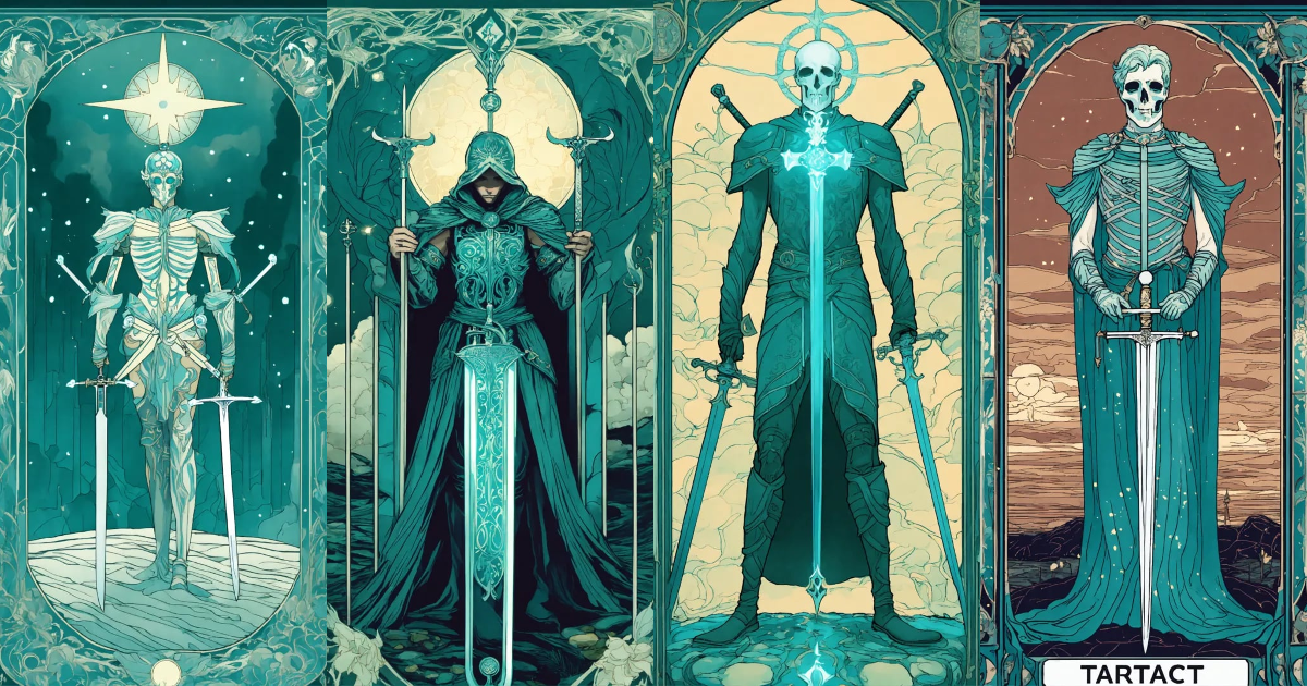 Lexica - Art Nouveau tarot card teal and white glowing killed man on ...
