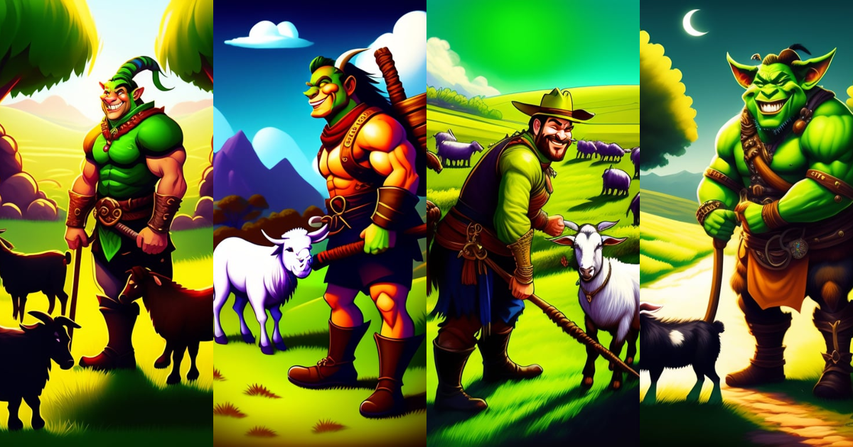 Lexica - A happy orc holding a whip while herding goats, green fields ...