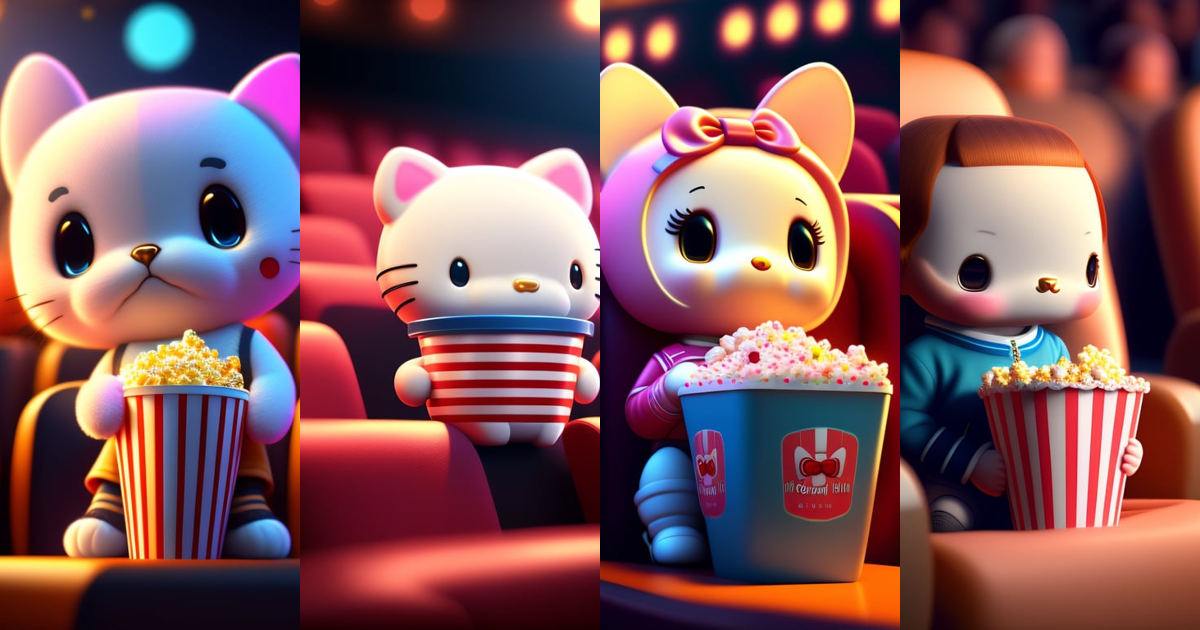 Lexica - Cute small humanoid Hello kitty sitting in a movie theater ...