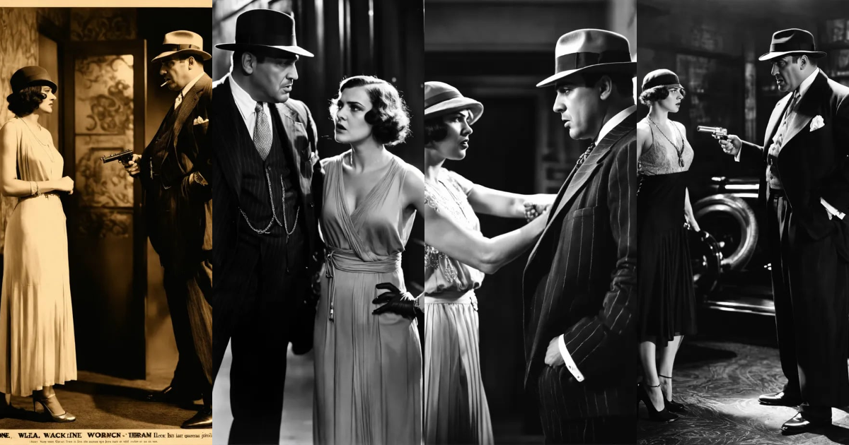 Lexica - 1920s gangster scene, Capone threatening woman, black and white