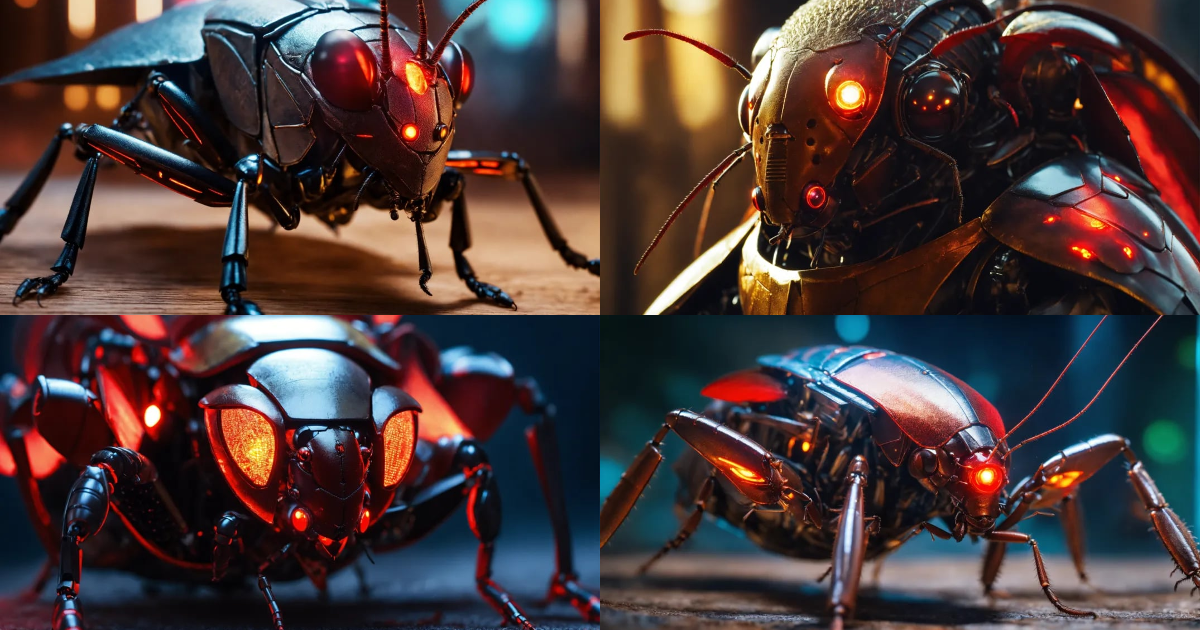 Lexica - Close up of cockroach faced humanoid with red glowing eyes ...