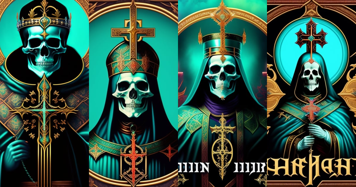 Lexica - Death metal band album cover art, skeleton pope wearing the ...