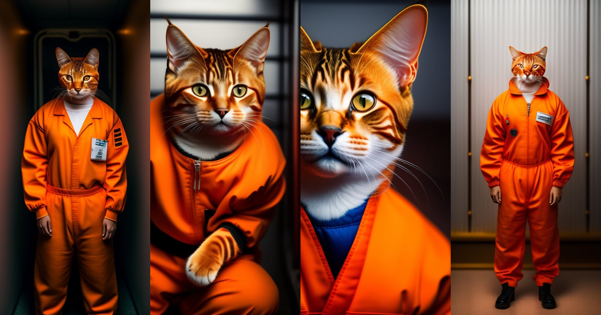 Lexica - A humanoid tabby cat wearing inmate orange jumpsuit outfit in ...