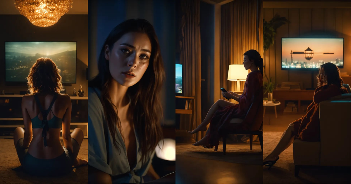 Lexica - A hot female watching tv crying, dark dim light room, interior night time, dramatic ...