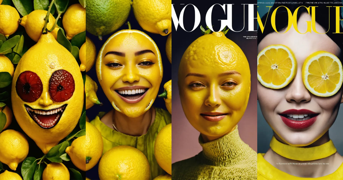 Lexica - A lemon with weird smiling human face, wtf, cover of vogue