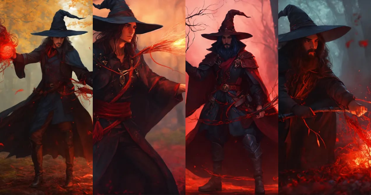 Lexica - A male witch casting a scourge of red tendrils