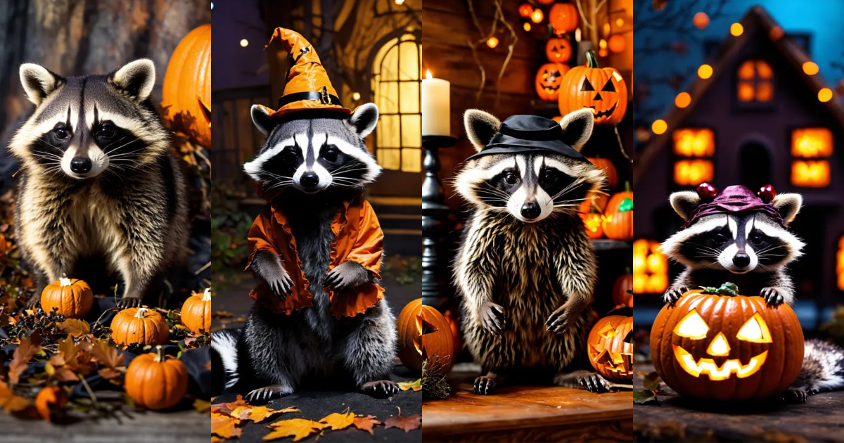 Lexica - A photograph of a raccoon celebrating Halloween with spooky ...