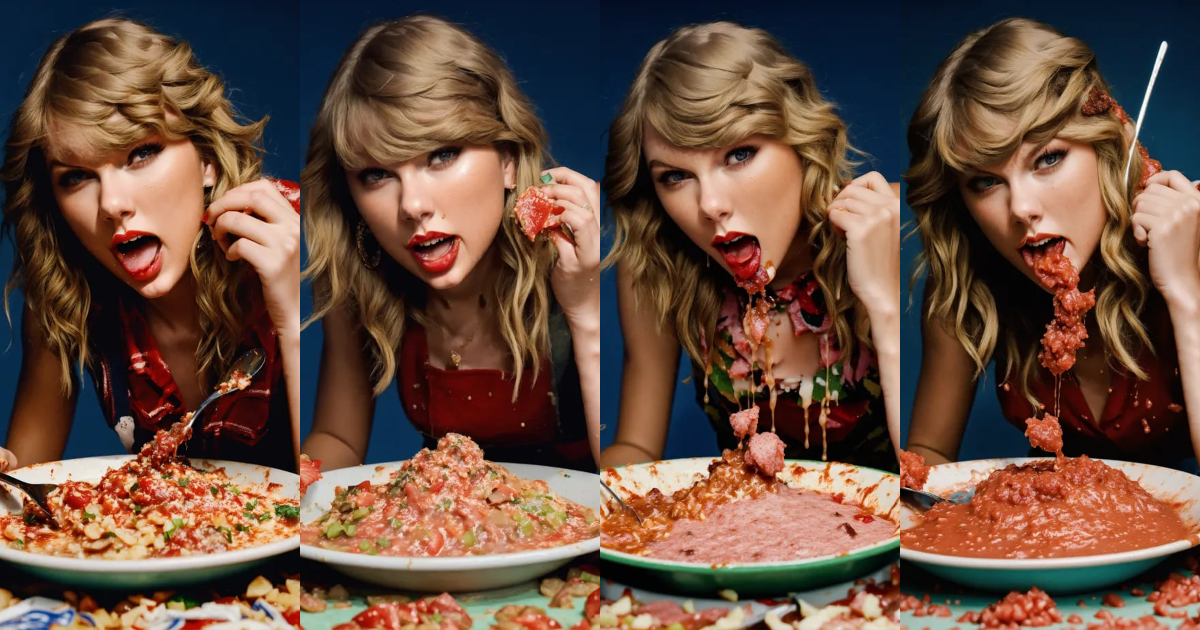 Lexica - Photo realistic shot of taylor swift eating a pile of slop ...